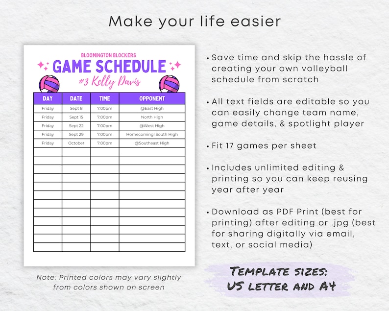Editable Volleyball Schedule - Sports Practice & Game Calendar (canva ...