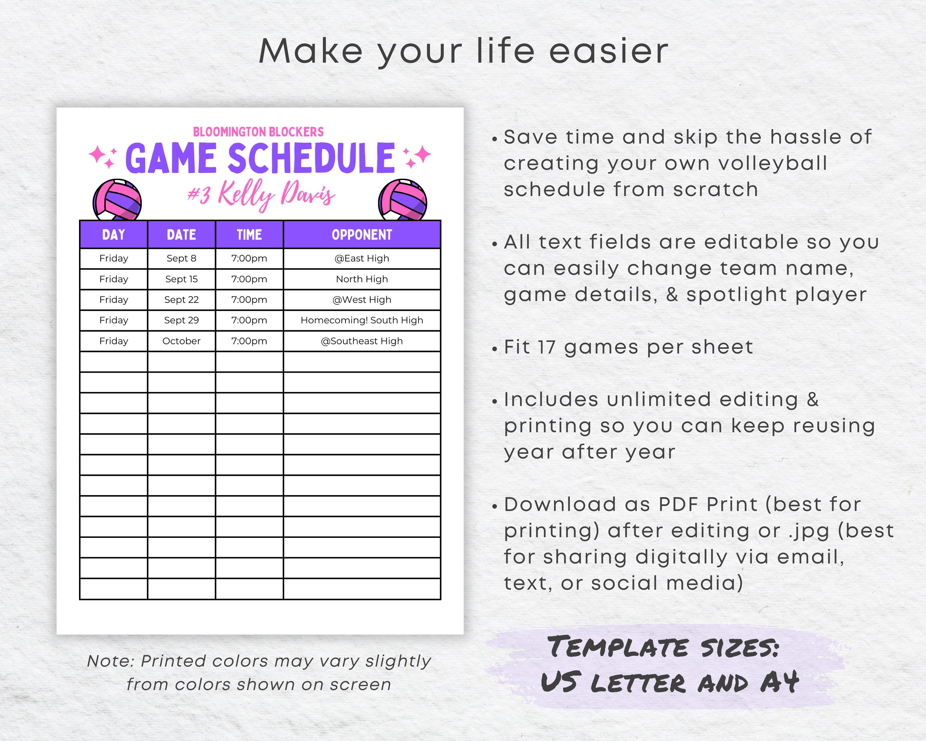 Editable Volleyball Schedule - Sports Practice & Game Calendar (canva ...