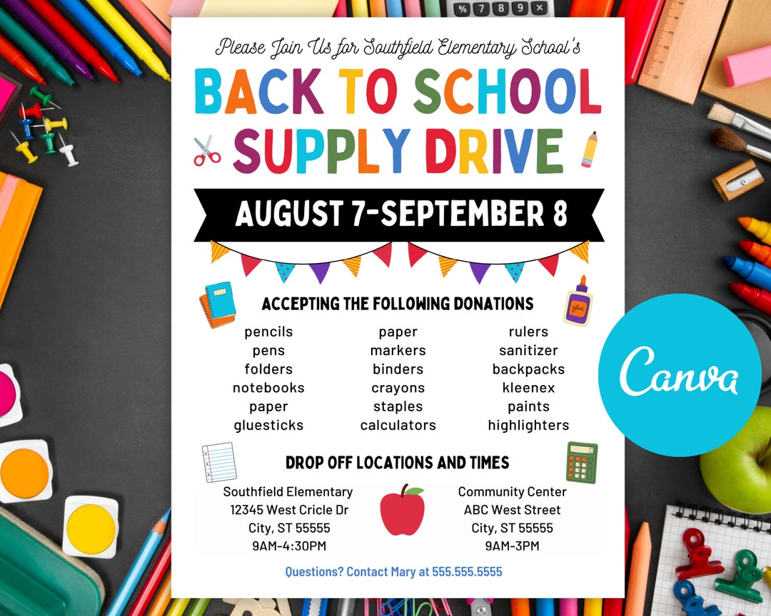 Supply Drive Flyer Template, Editable Back to School Supplies ...