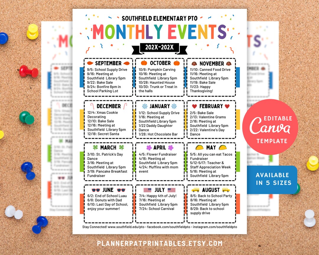 Editable PTO Calendar of Events Flyer Template, Yearly Events Schedule ...