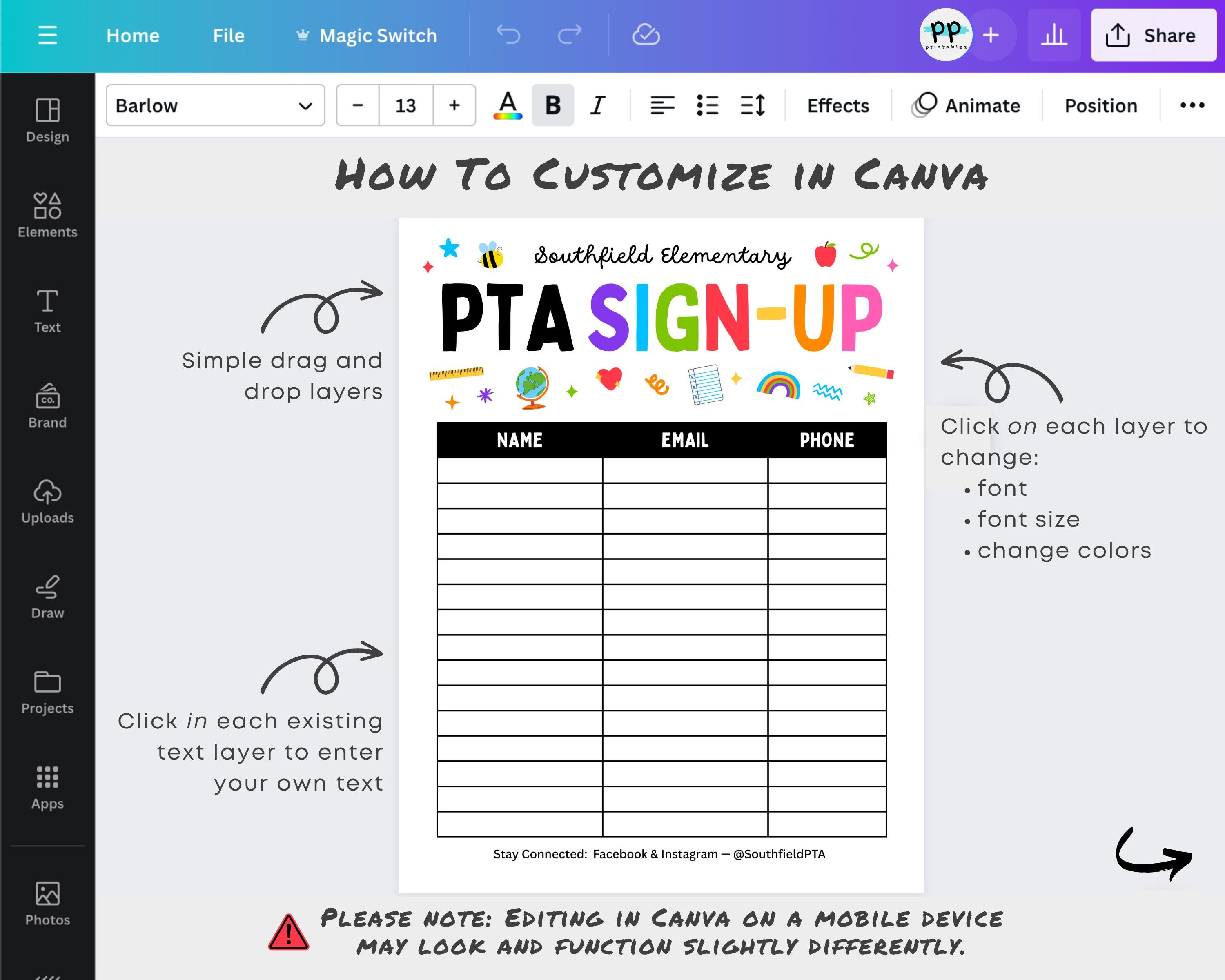 Editable PTO PTA Sign up Sheet Template: Canva Volunteer Form (digital ...