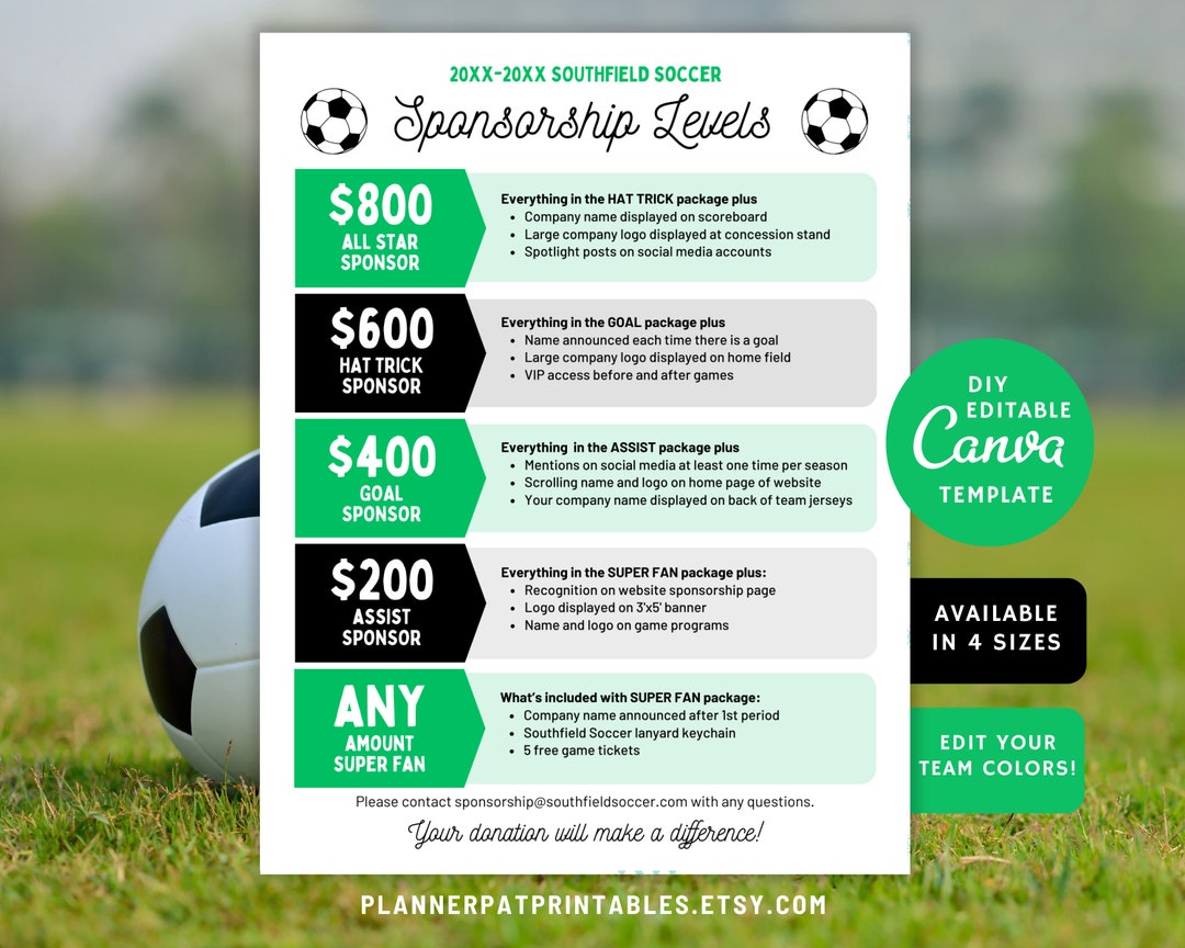Soccer Sponsorship Levels Form Editable Template, Sponsor My Season ...
