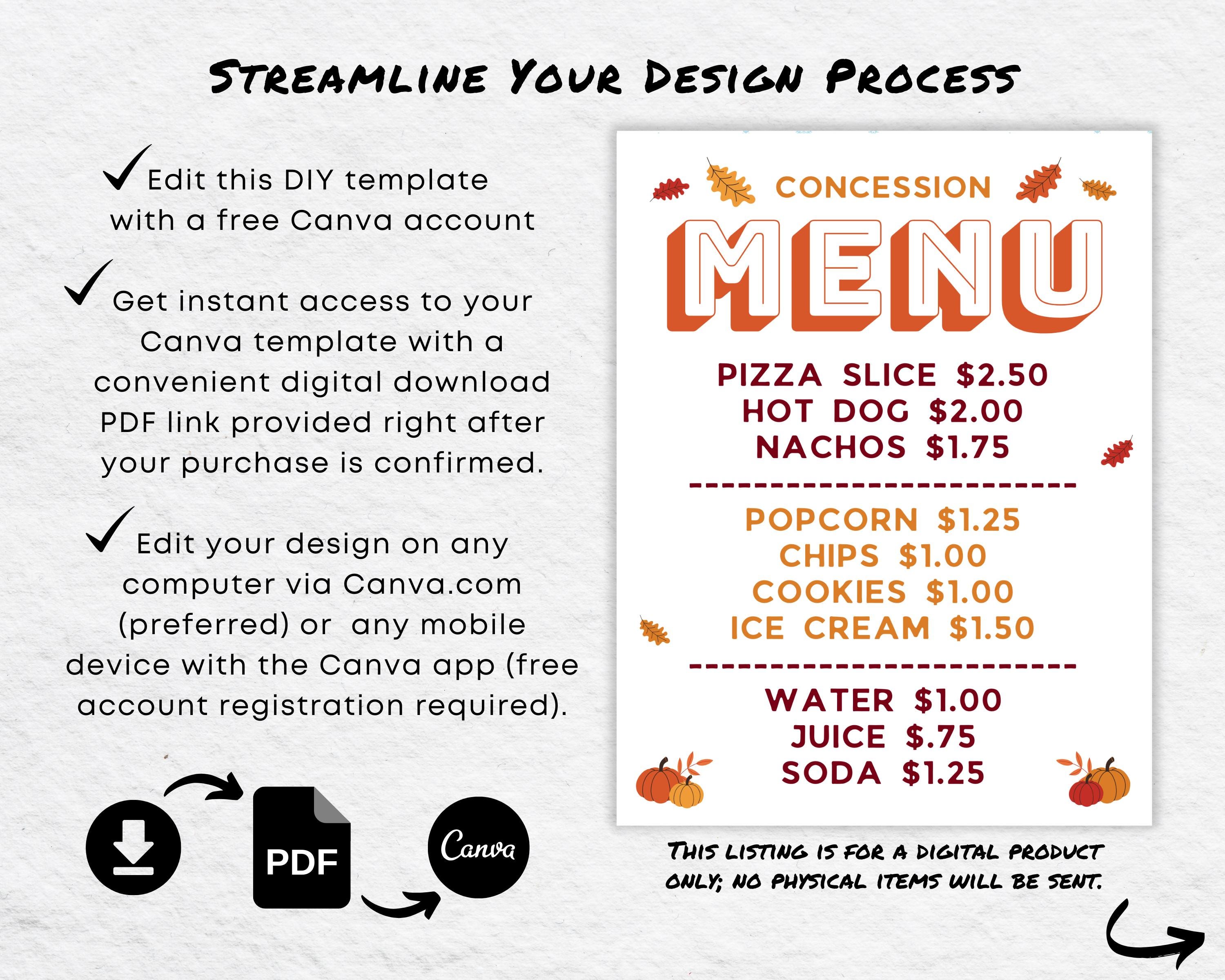 Editable Fall Concession Stand Menu Template: Printable Sign (canva ...