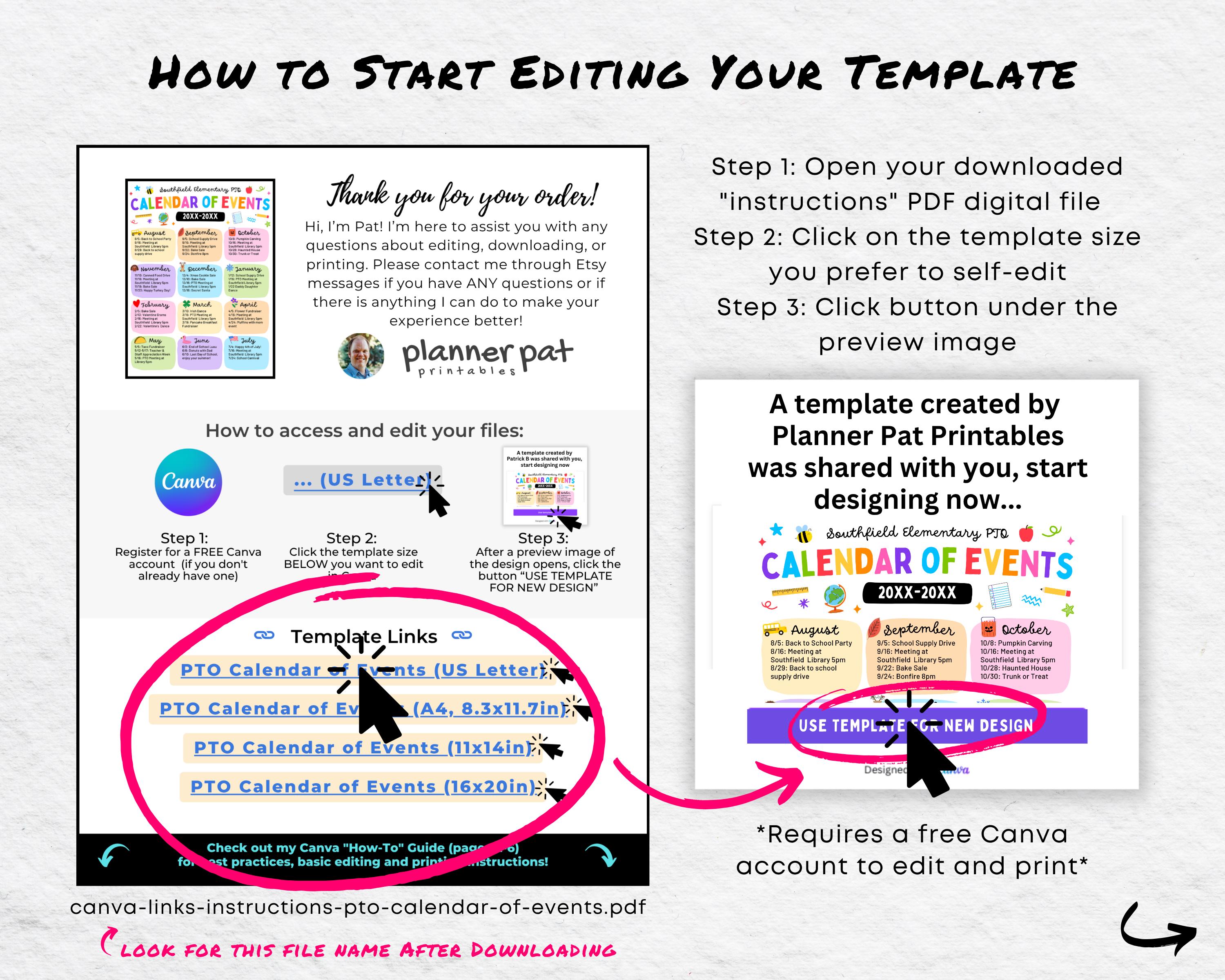 Editable PTA PTO Calendar Template: Events Schedule (canva Download) - Etsy
