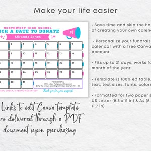 Editable Cheer Calendar Pick A Date to Donate Fundraiser Canva Template ...