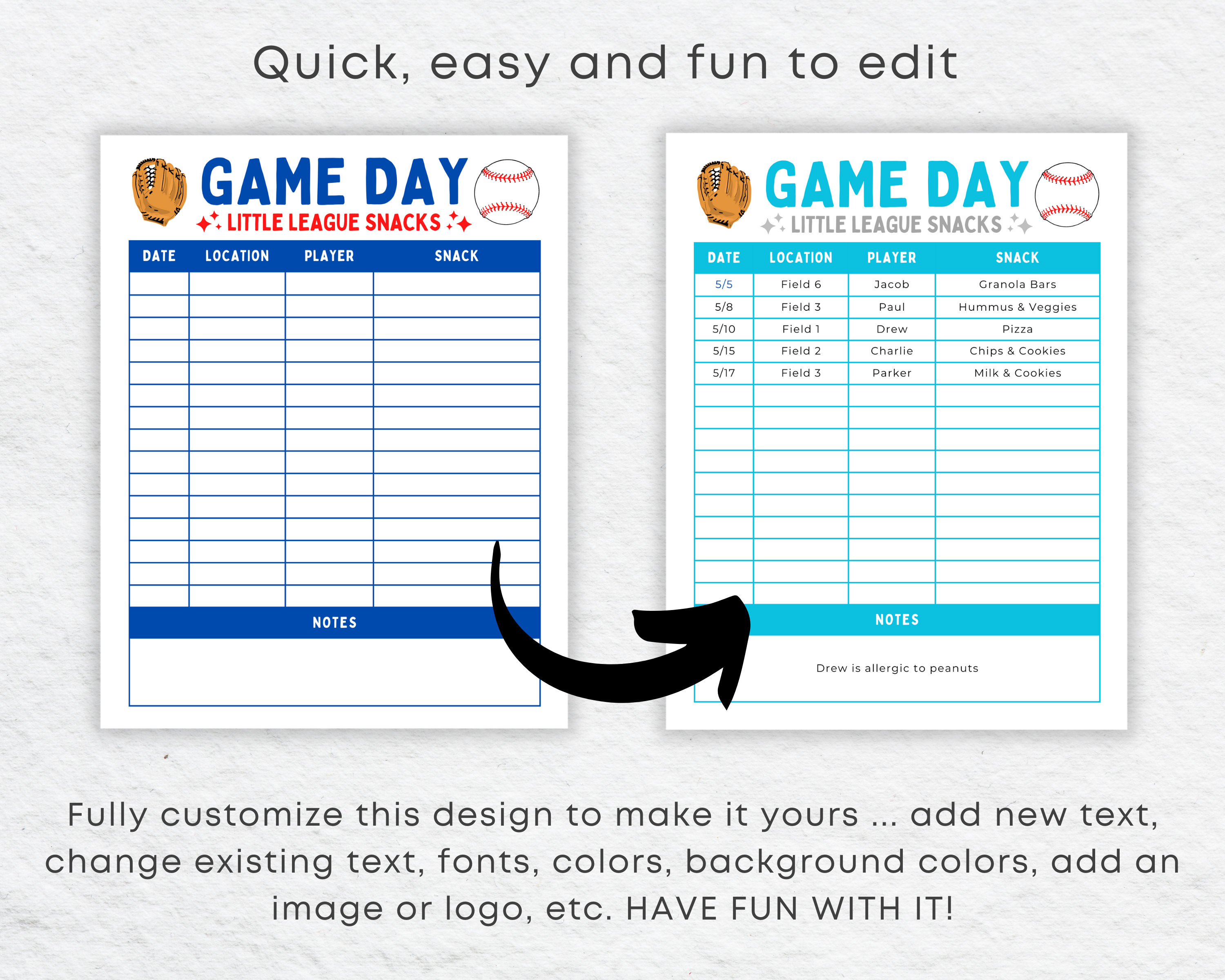 Editable Little League Snack Sign up Sheet Schedule Printable - Etsy