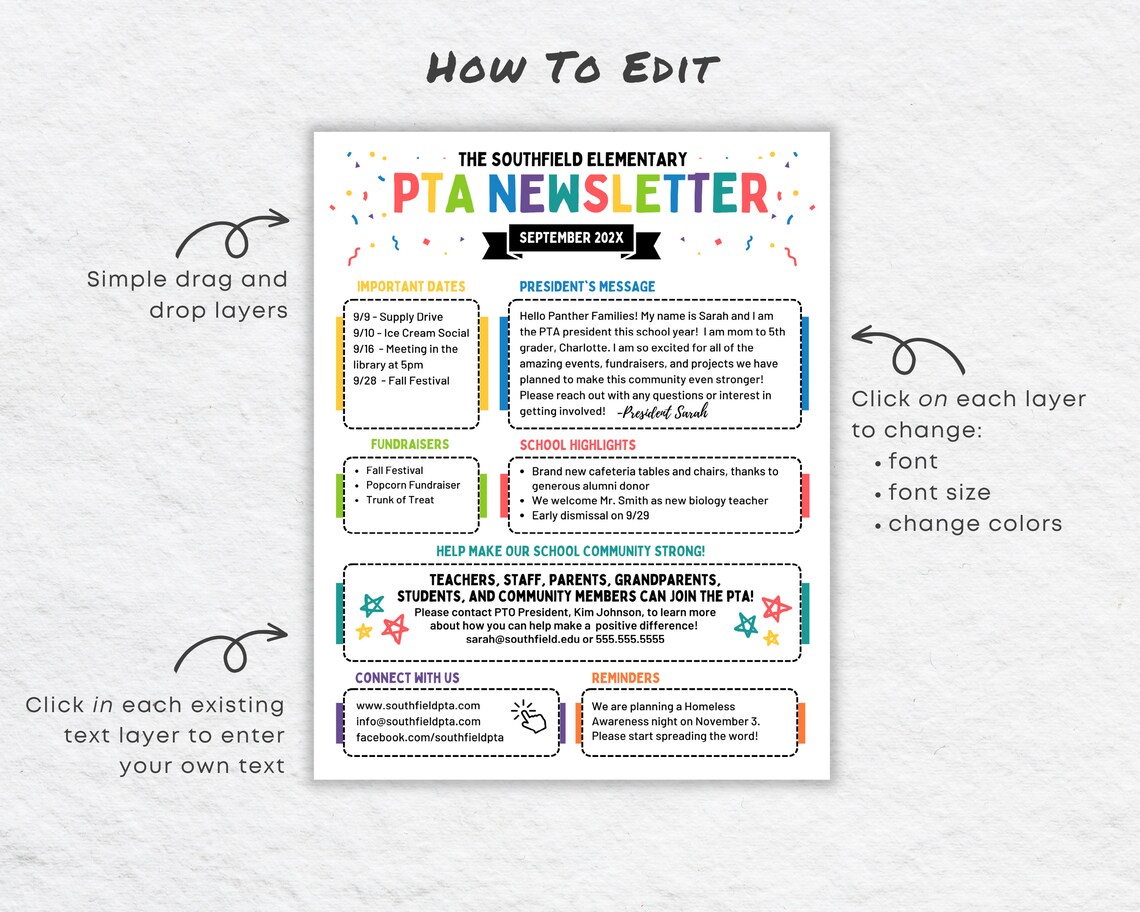 PTA Newsletter Editable Template for Highlighting Monthly School ...
