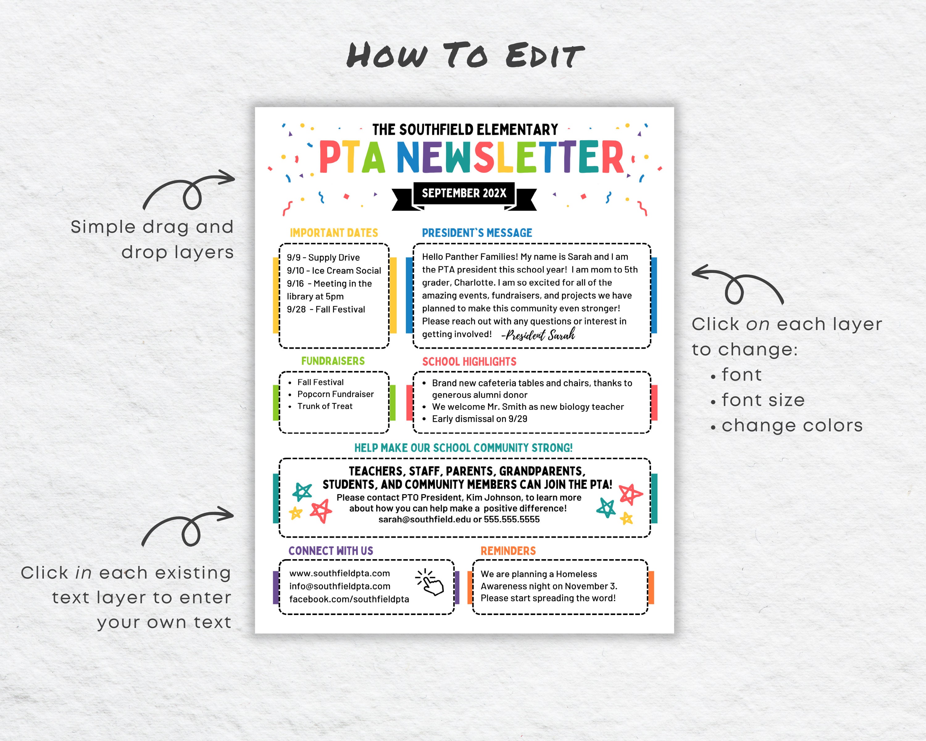 PTA Newsletter Editable Template for Highlighting Monthly School ...