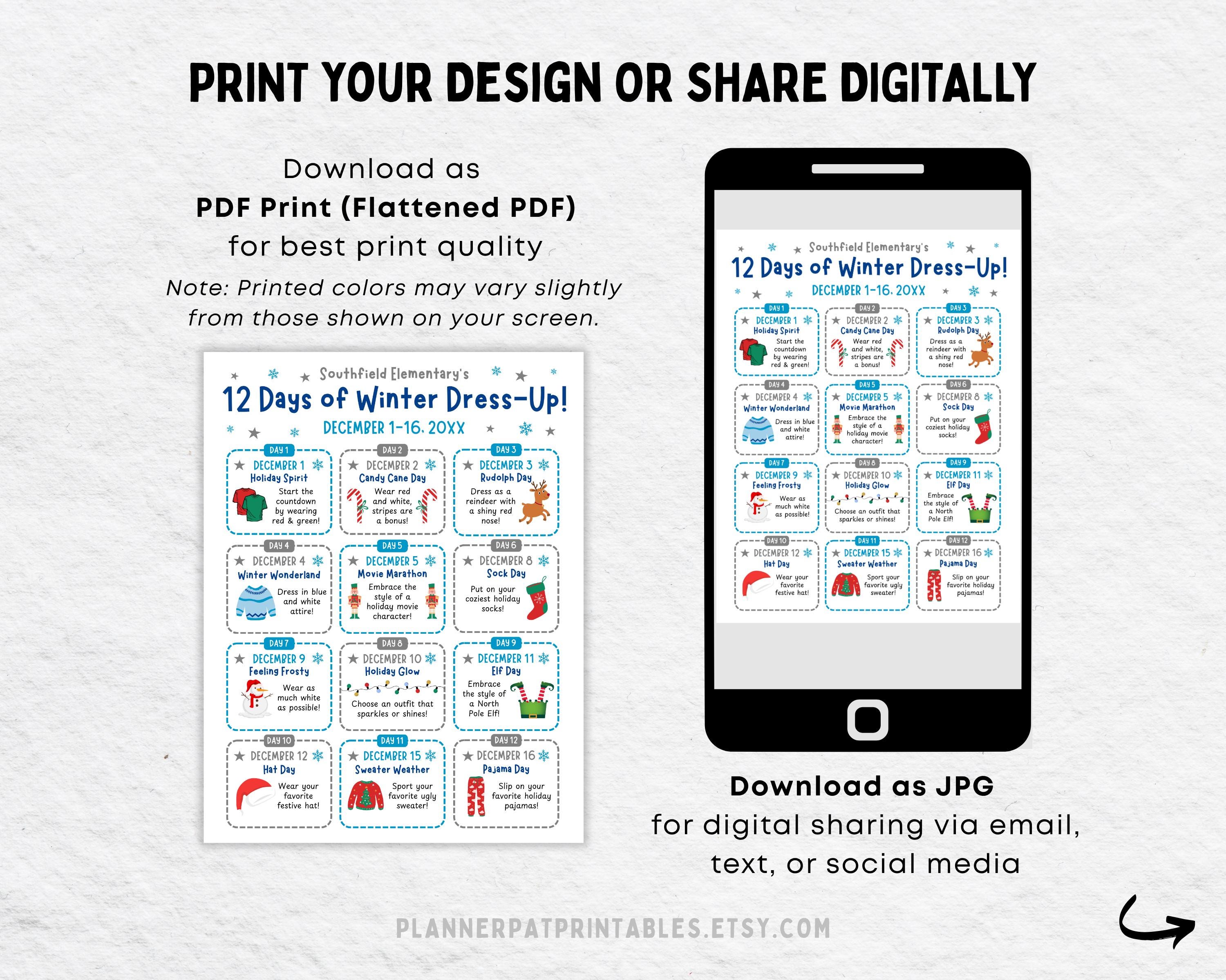12 Days of Winter Dress up Days Itinerary Flyer: Editable Canva ...