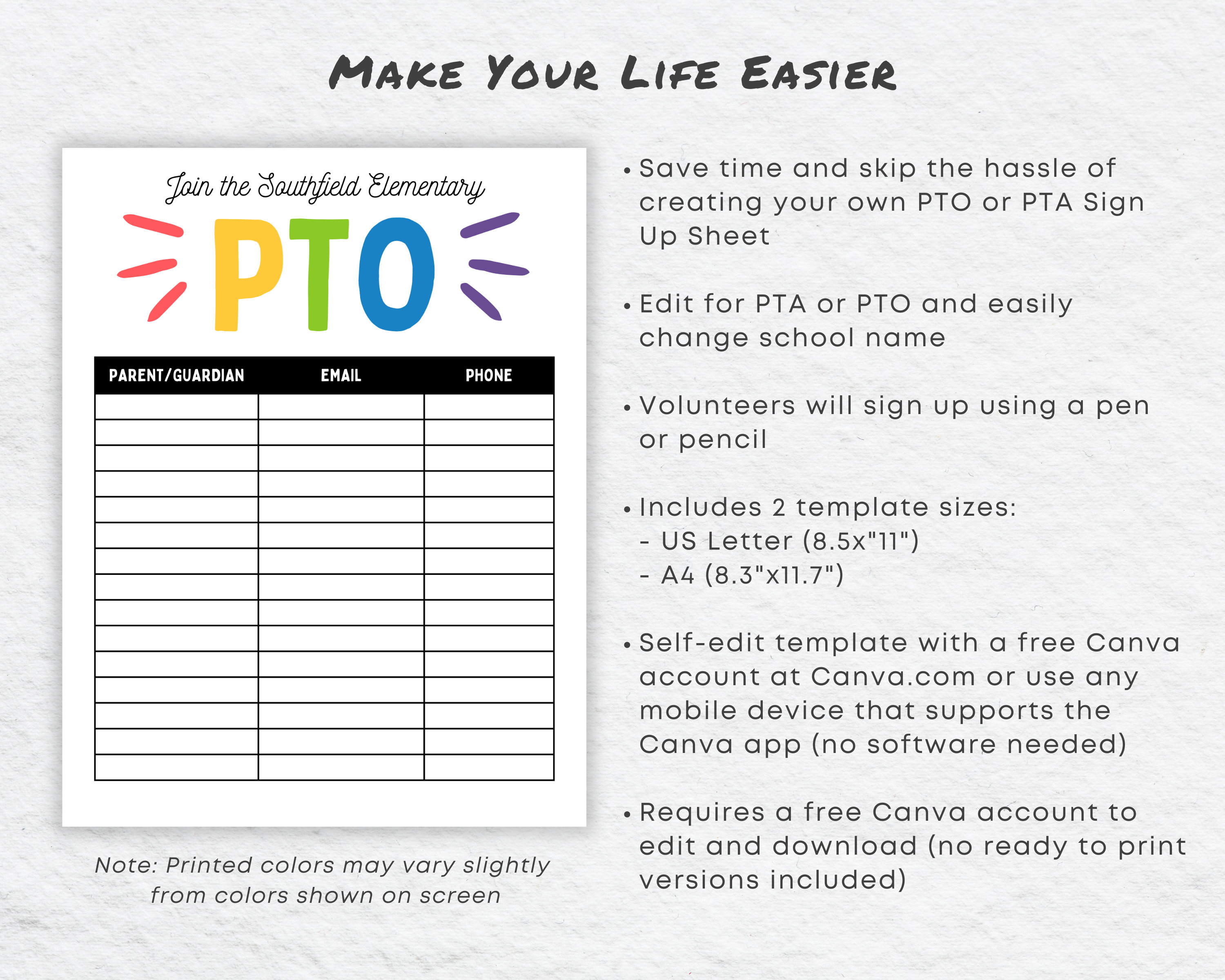 PTO Sign up Sheet Editable Canva Template, Edit for PTA - Etsy