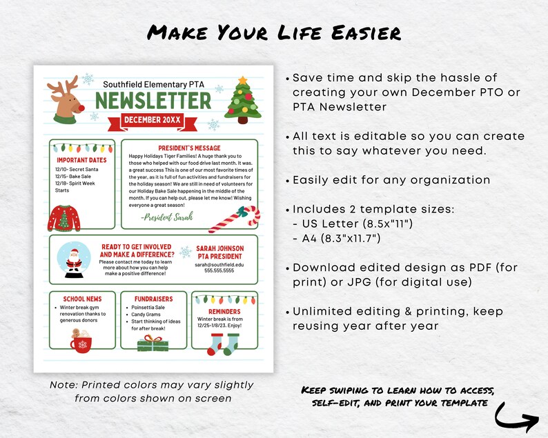 Editable PTA Newsletter December Template, Holiday News, Canva Template ...