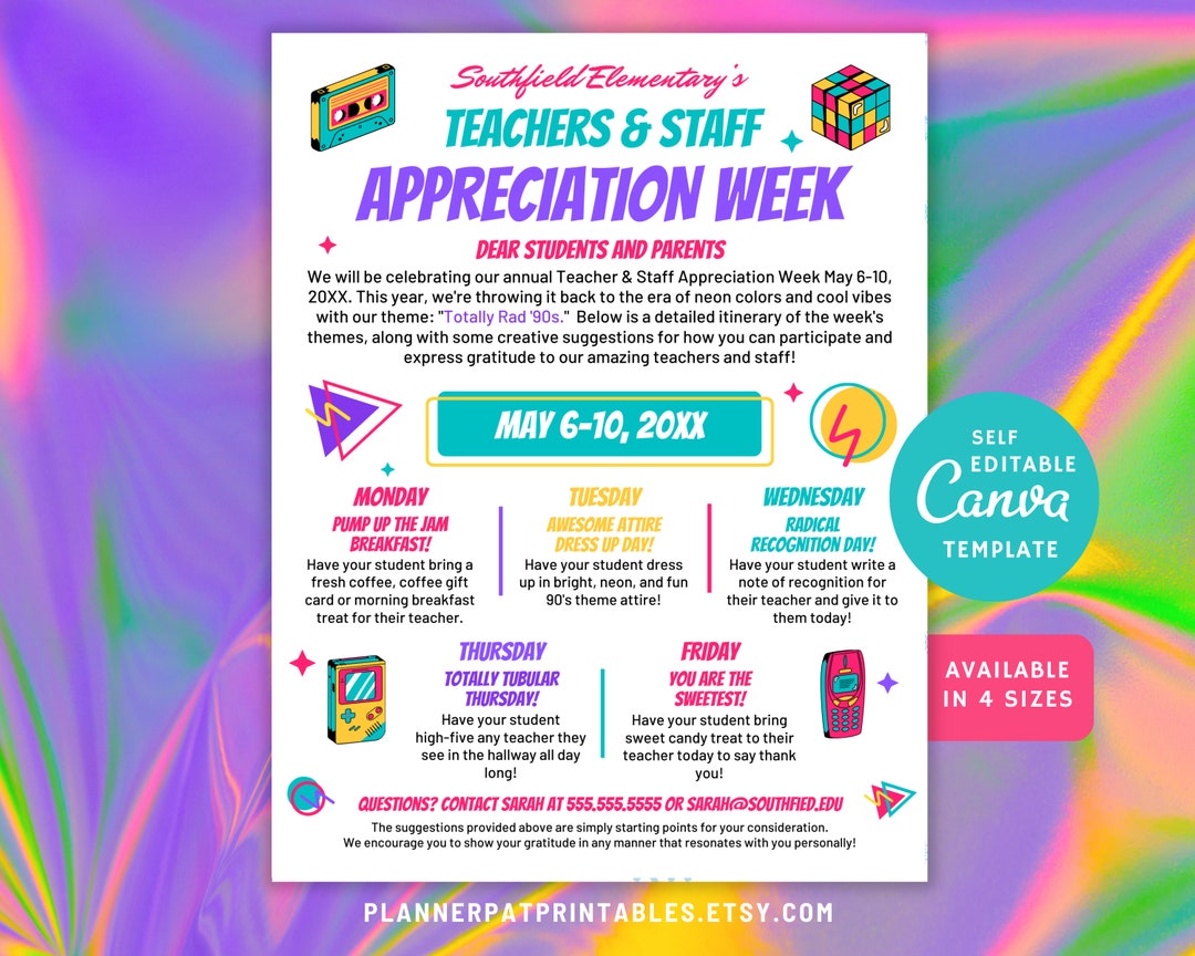 90s Theme Teacher Appreciation Week Newsletter Flyer (canva Template ...