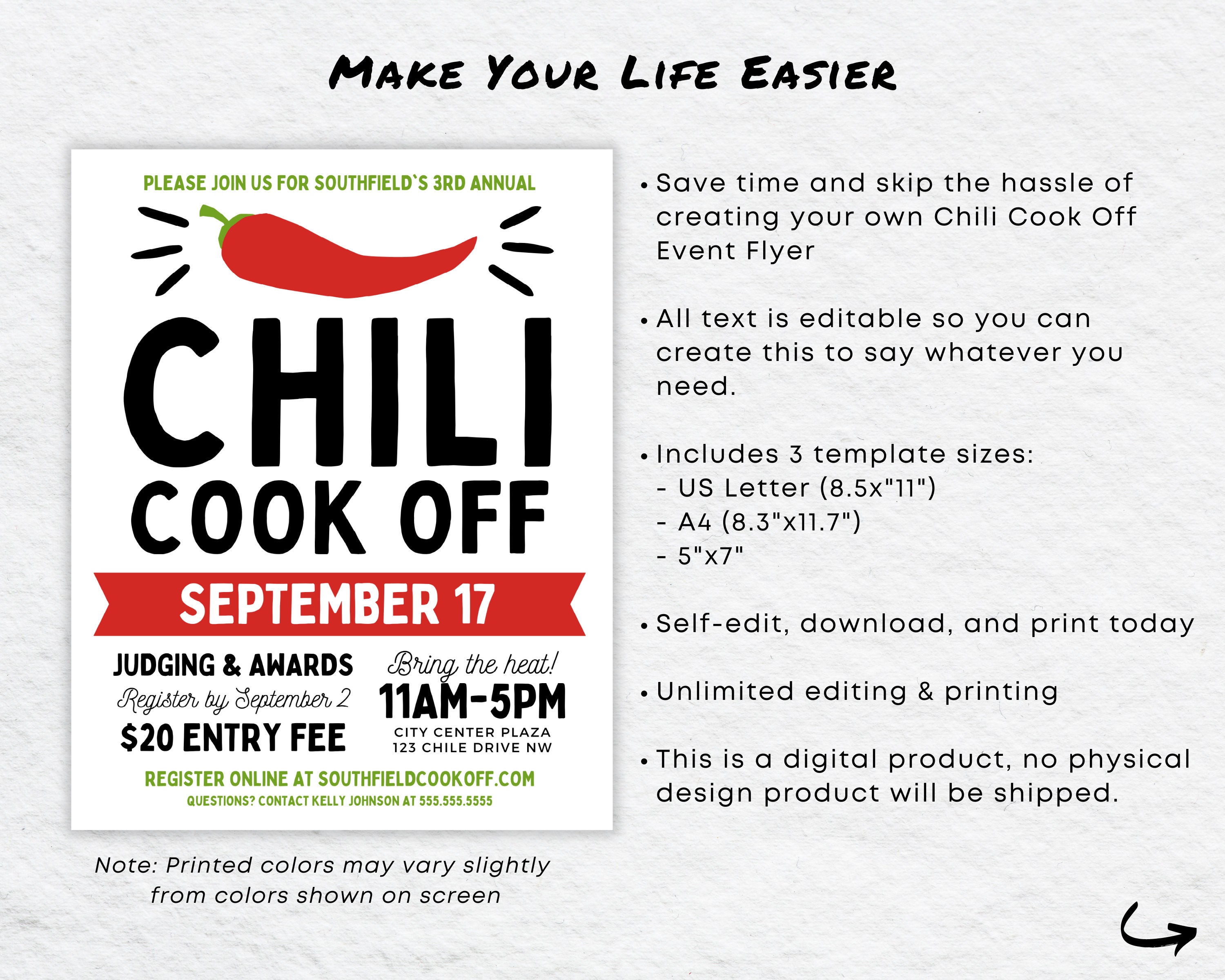 Editable Chili Cook off Flyer, Food Contest Template, (canva, Digital ...