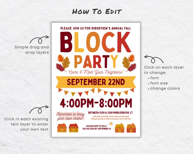Fall Block Party Flyer Editable Template for Autumn Neighborhood Party ...