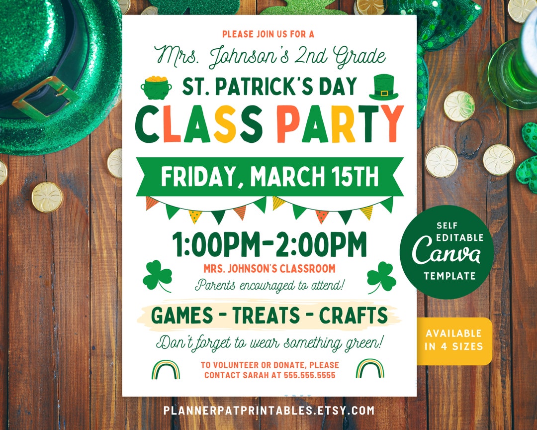 Editable St Patricks Class Party Invite, Elementary School Party Flyer ...