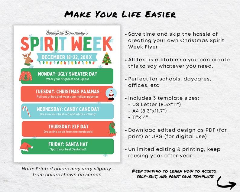 Editable Christmas Spirit Week Flyer: Holiday Dress up Schedule (canva ...