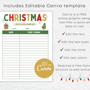 Christmas Potluck Sign up Sheet Printable, Holiday Potluck Party, Canva ...