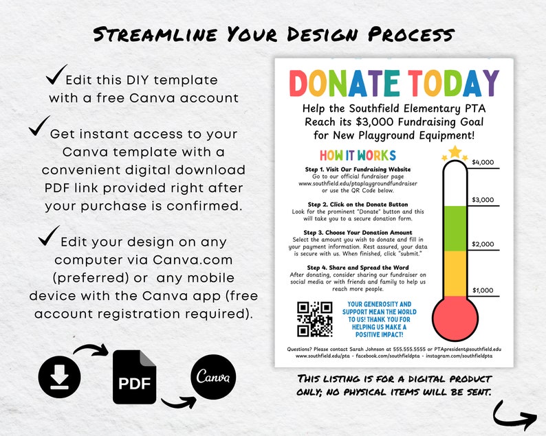Editable School PTA PTO Fundraising Thermometer Flyer: Donation Tracker ...