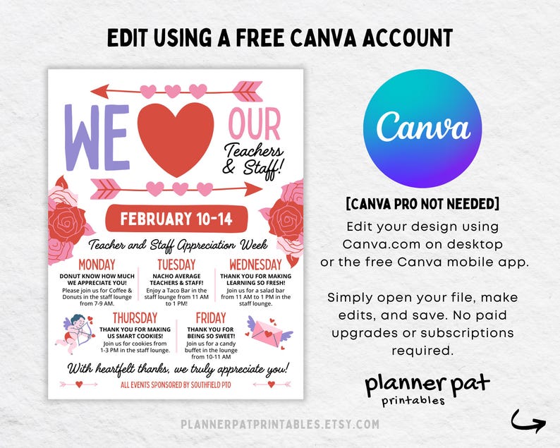 Valentines Teacher & Staff Appreciation Week Schedule Flyer | Editable ...
