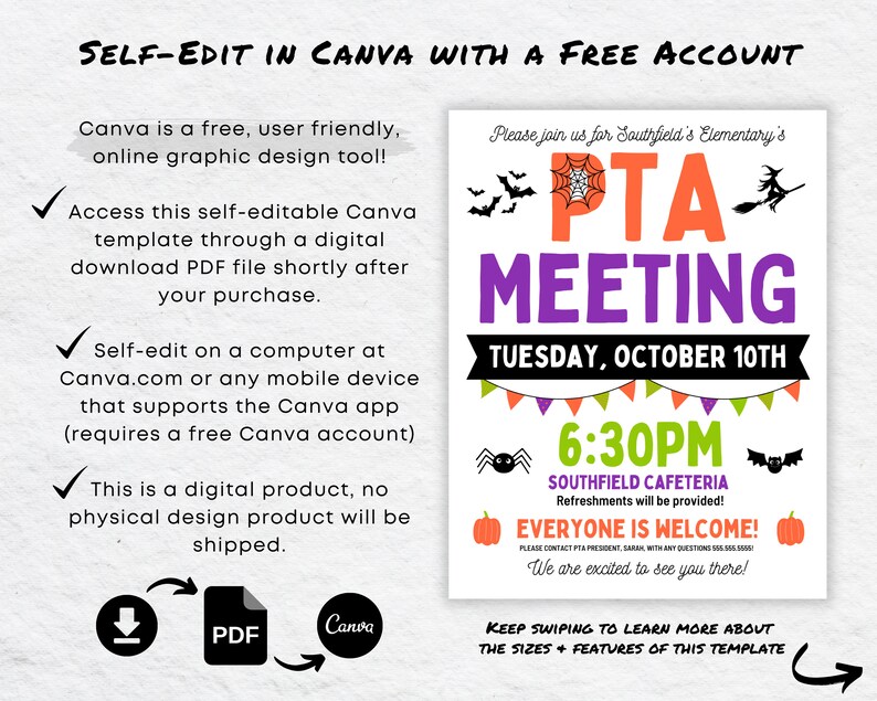 Editable PTA PTO Meeting Flyer Template | School Event Invite (canva ...