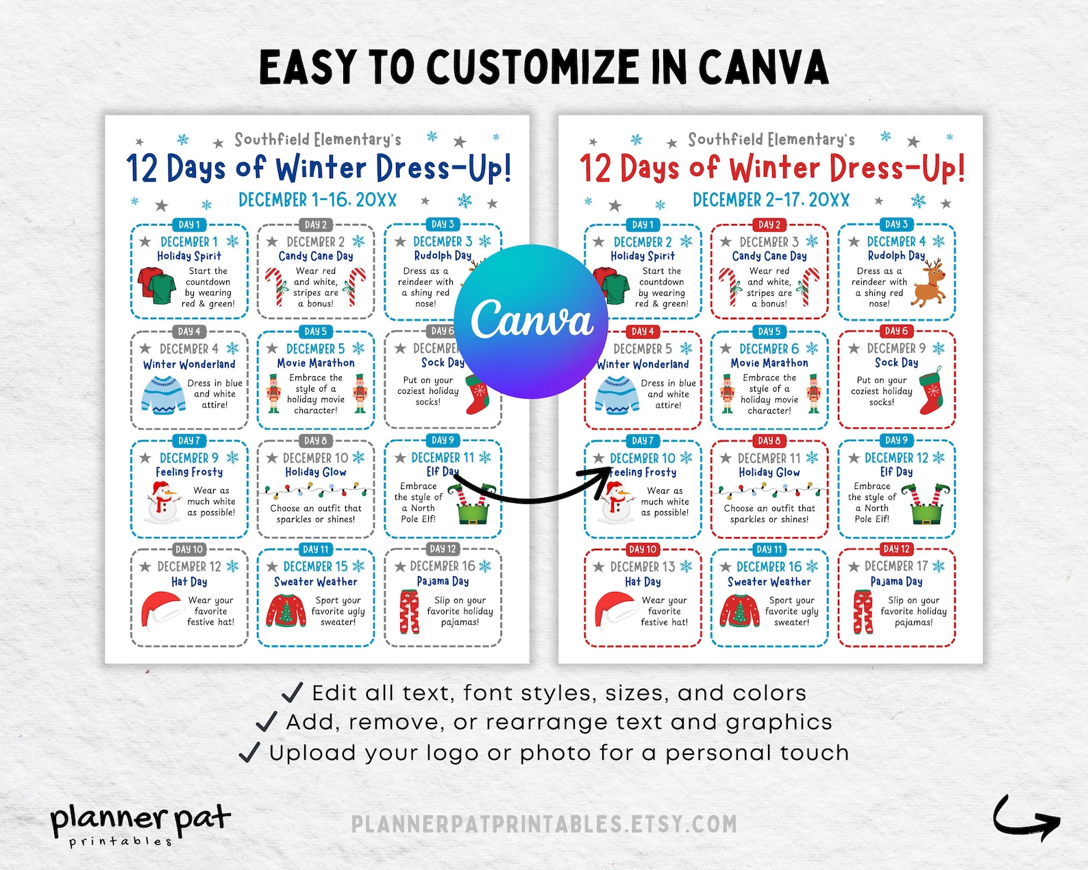 12 Days of Winter Dress up Days Itinerary Flyer: Editable Canva ...
