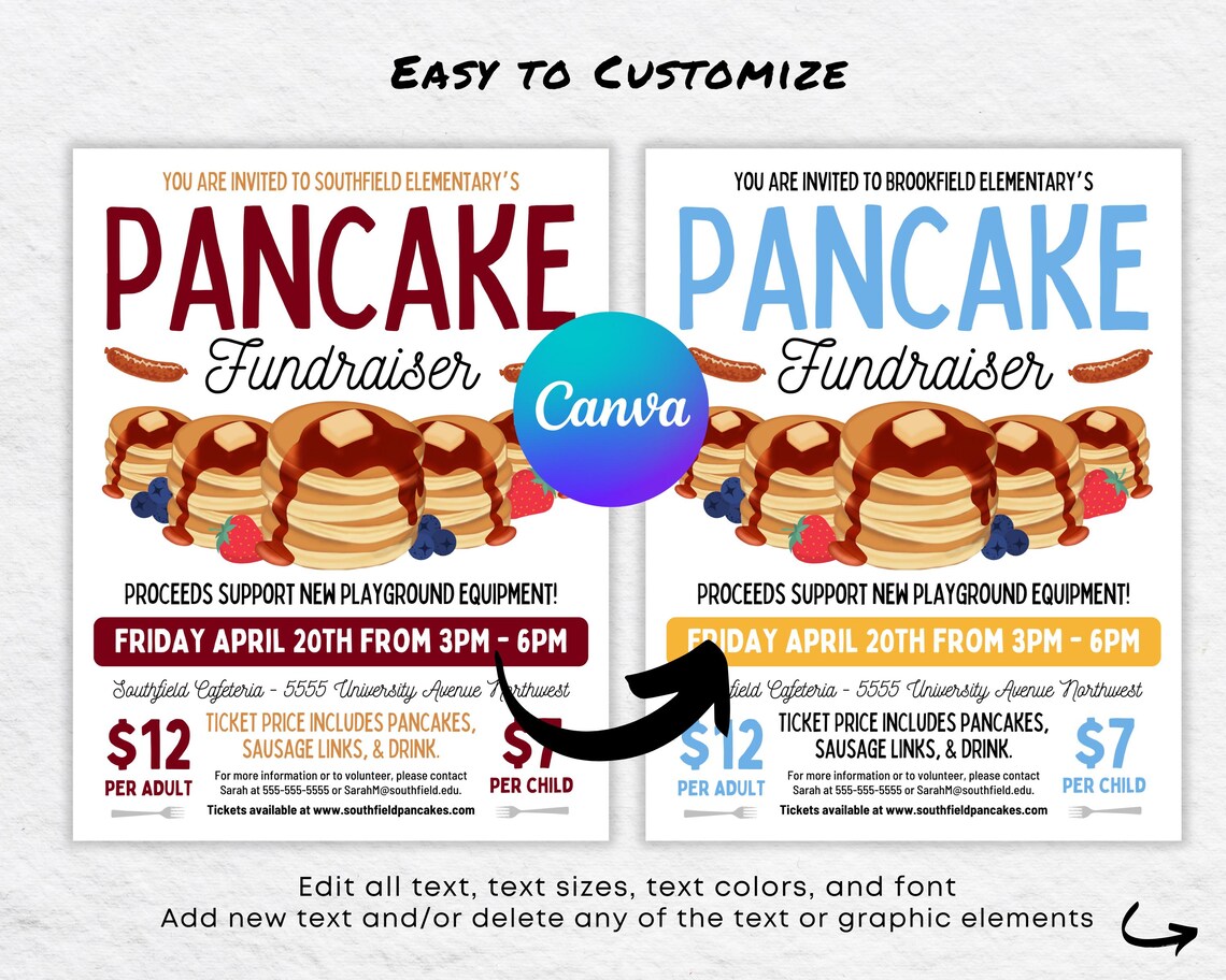 Editable Pancake Breakfast Fundraiser Flyer Template | DIY Brunch ...