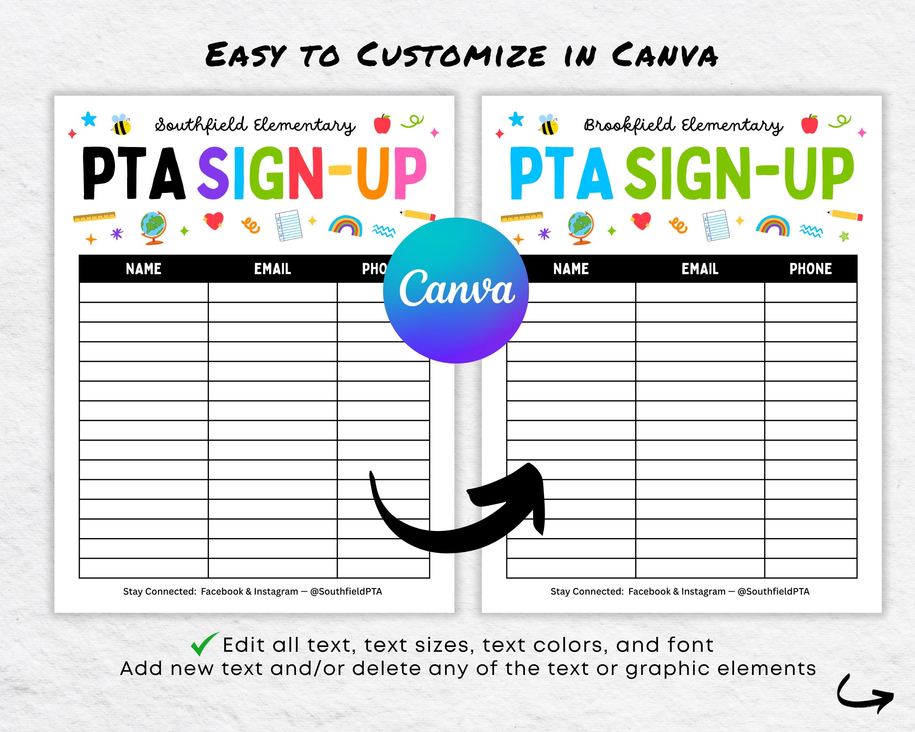 Editable PTO PTA Sign up Sheet Template: Canva Volunteer Form (digital ...