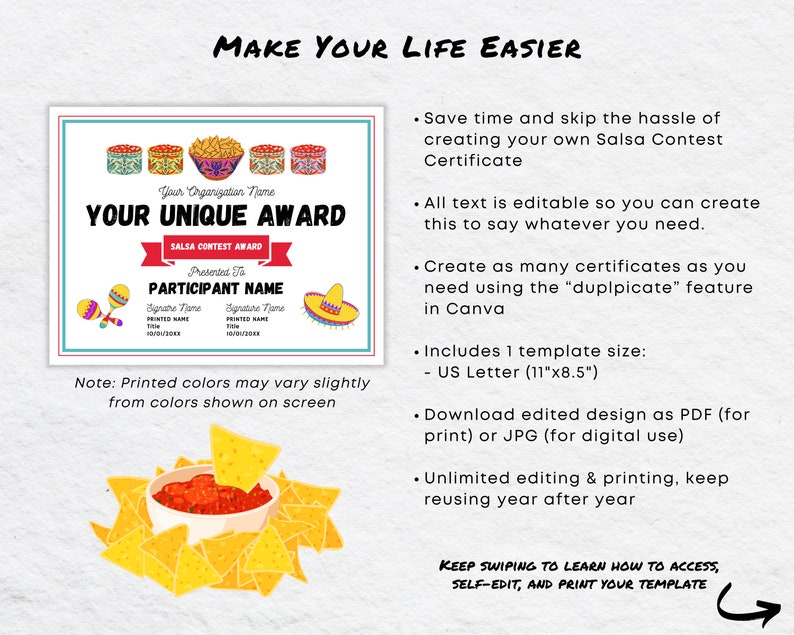Editable Salsa Award Certificate, DIY Cooking Honor, Canva Template - Etsy