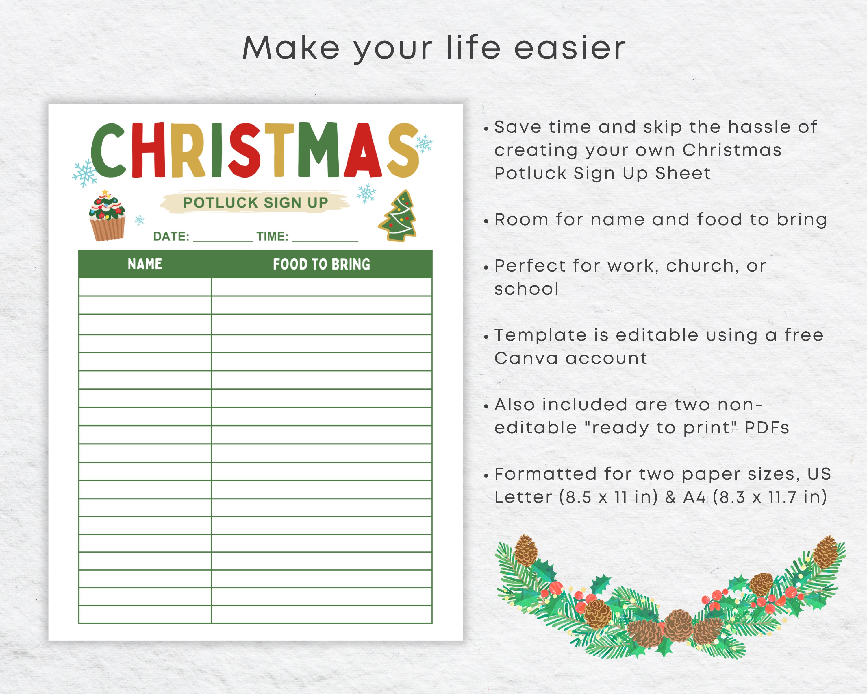 Christmas Potluck Sign up Sheet Printable, Holiday Party, Canva - Etsy