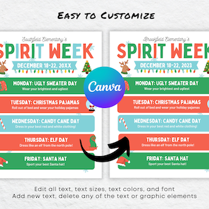 Editable Christmas Spirit Week Flyer Canva Template, December School ...