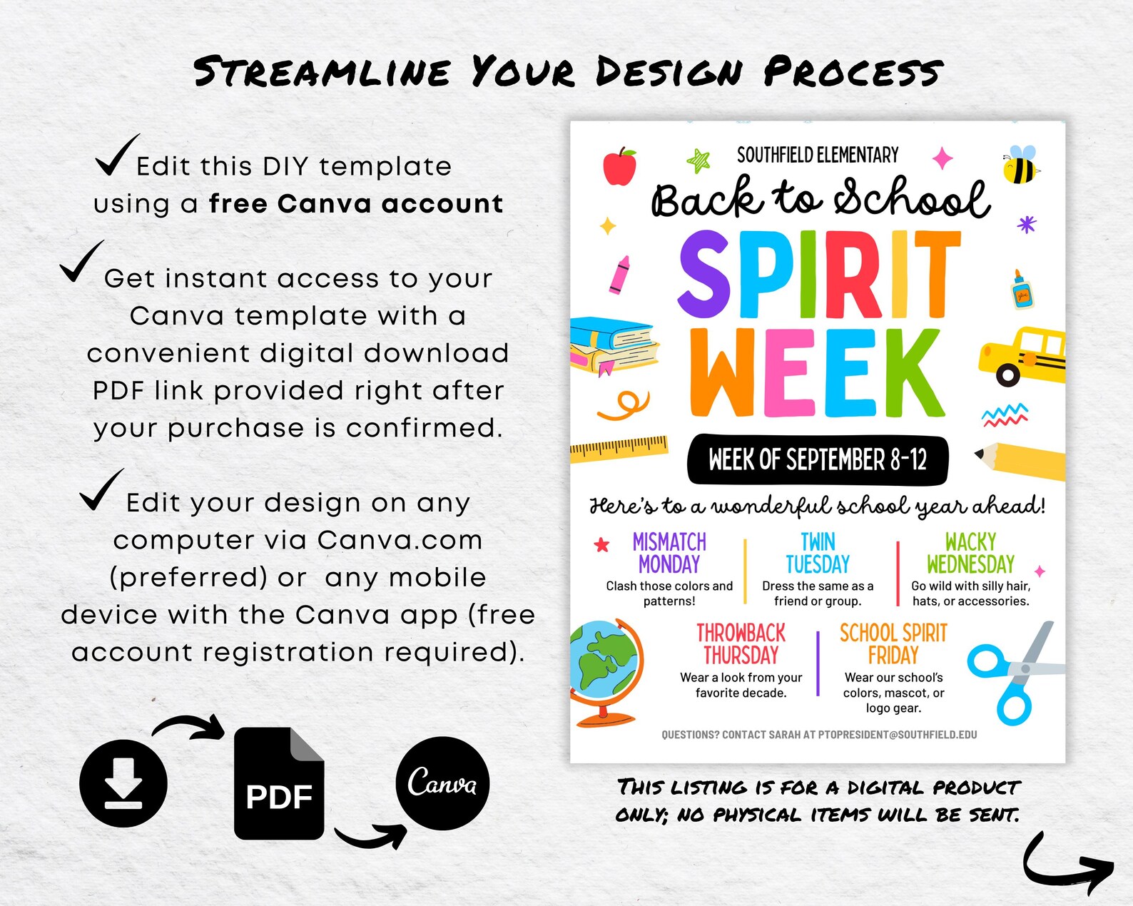 Editable Spirit Week Flyer Template: Back to School Theme Days (canva ...