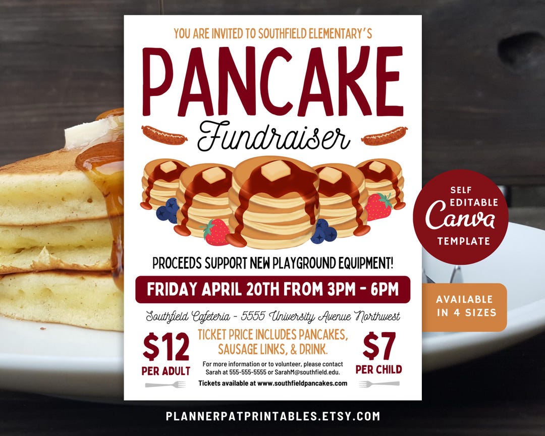 Editable Pancake Breakfast Fundraiser Flyer Template | DIY Canva ...