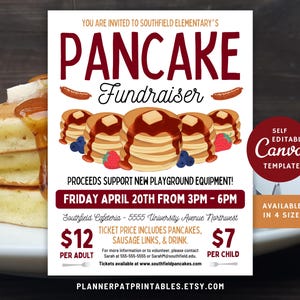 Editable Pancake Breakfast Fundraiser Flyer Template | DIY Brunch ...