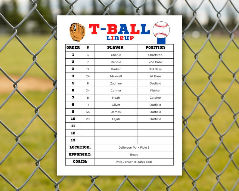 Editable T-ball Line up Sheet Canva Template, Blank Batting Order ...