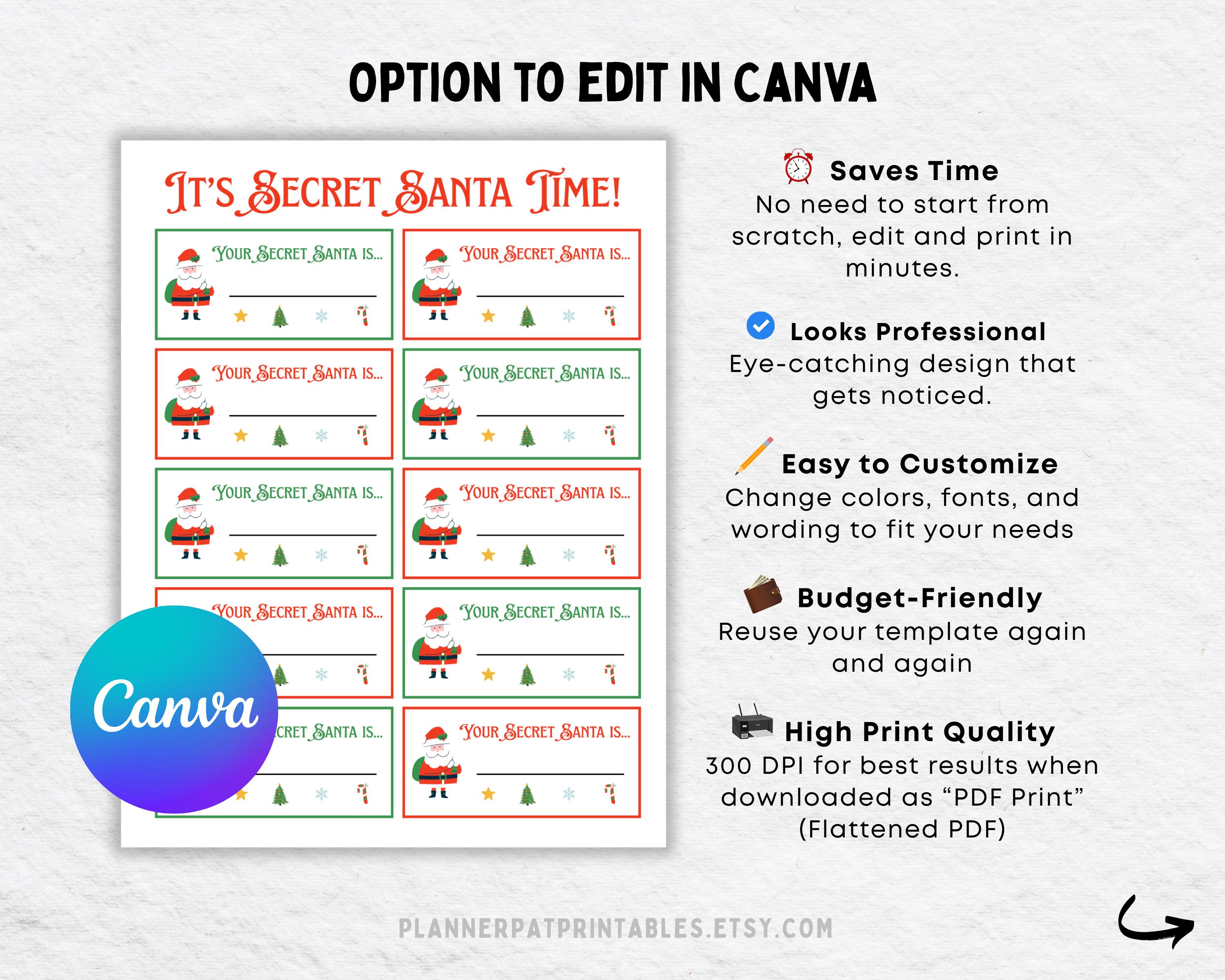 Secret Santa Name Draw Cards Template | Christmas Gift Exchange PDF ...