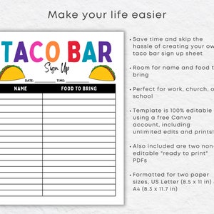 Taco Bar Sign up Sheet Printable for Mexican Fiesta Potluck Party ...