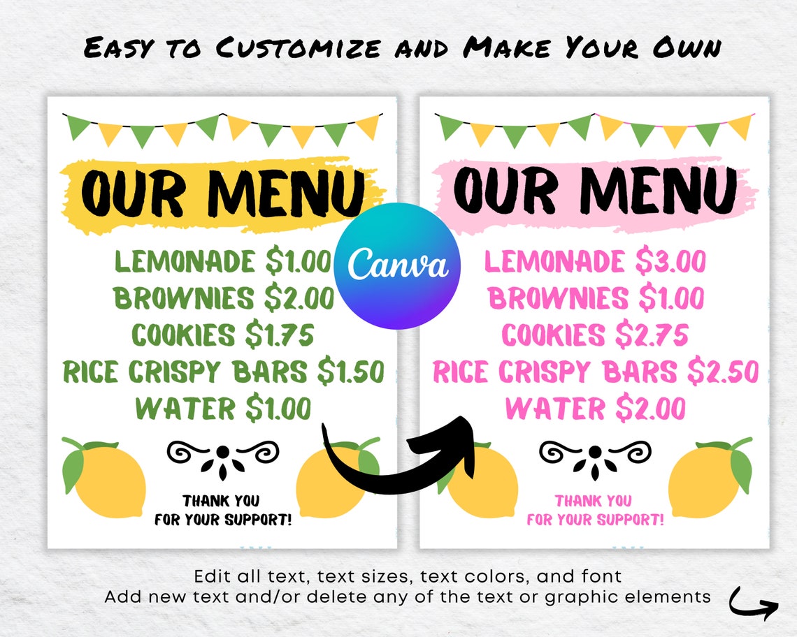 Editable Lemonade Stand Menu Printable, Kids Lemonade Pricing Sign ...