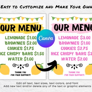Editable Lemonade Stand Menu Printable, Kids Lemonade Pricing Sign, Canva - Etsy