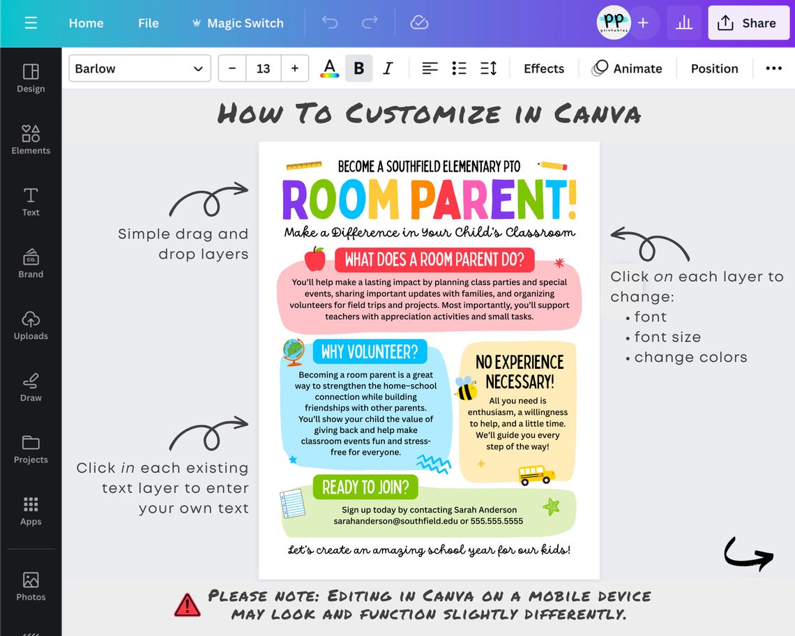 Editable Room Parent Flyer Template: Canva Volunteer Recruitment ...