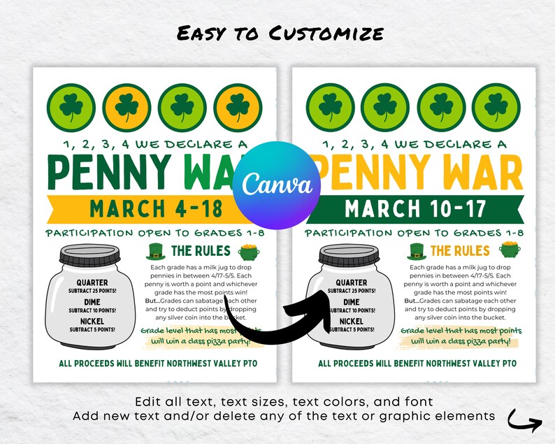 Editable St. Patricks Penny War Flyer Template, Coin Drive Fundraiser ...