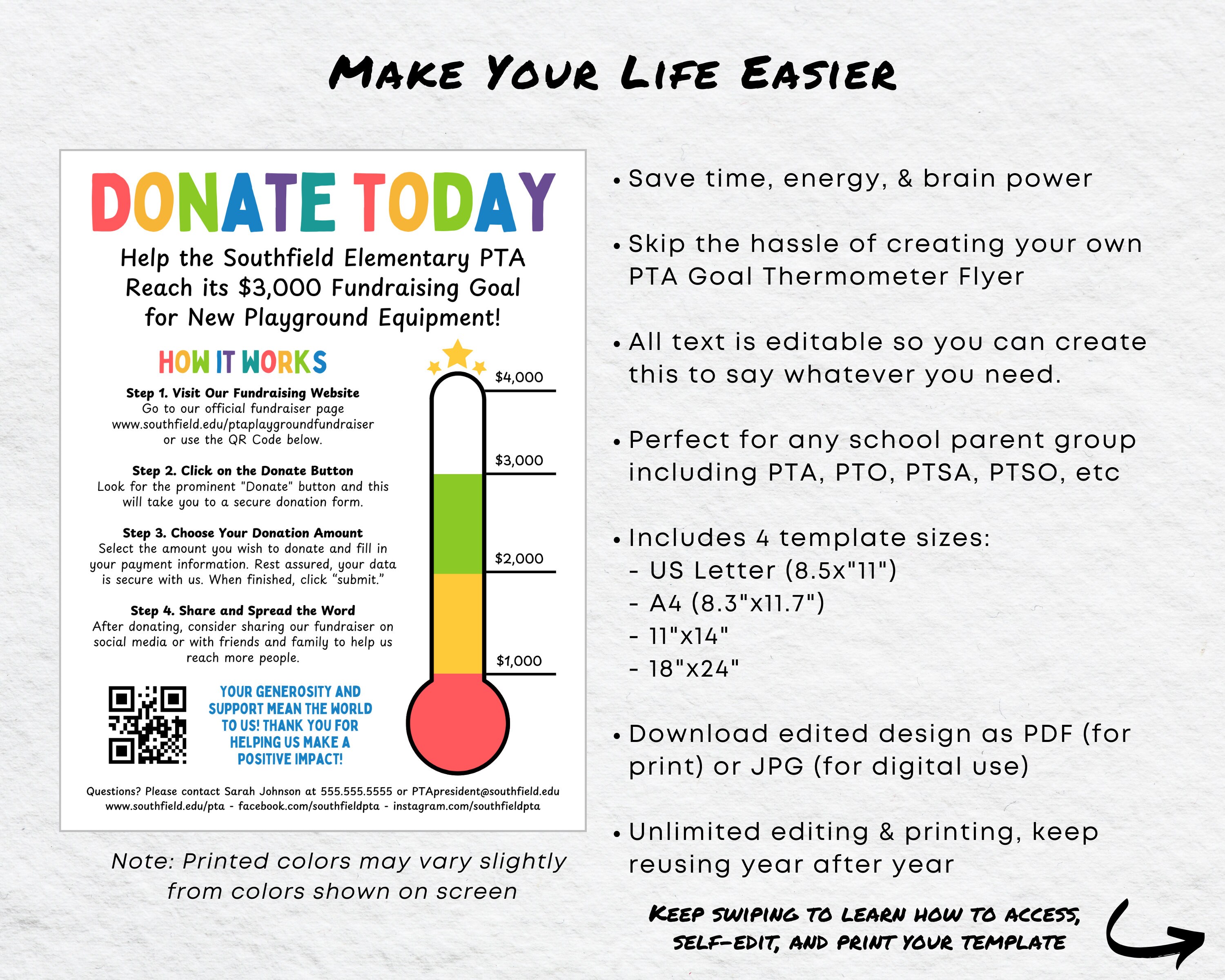 Editable School PTA PTO Fundraising Thermometer Flyer: Donation Tracker ...