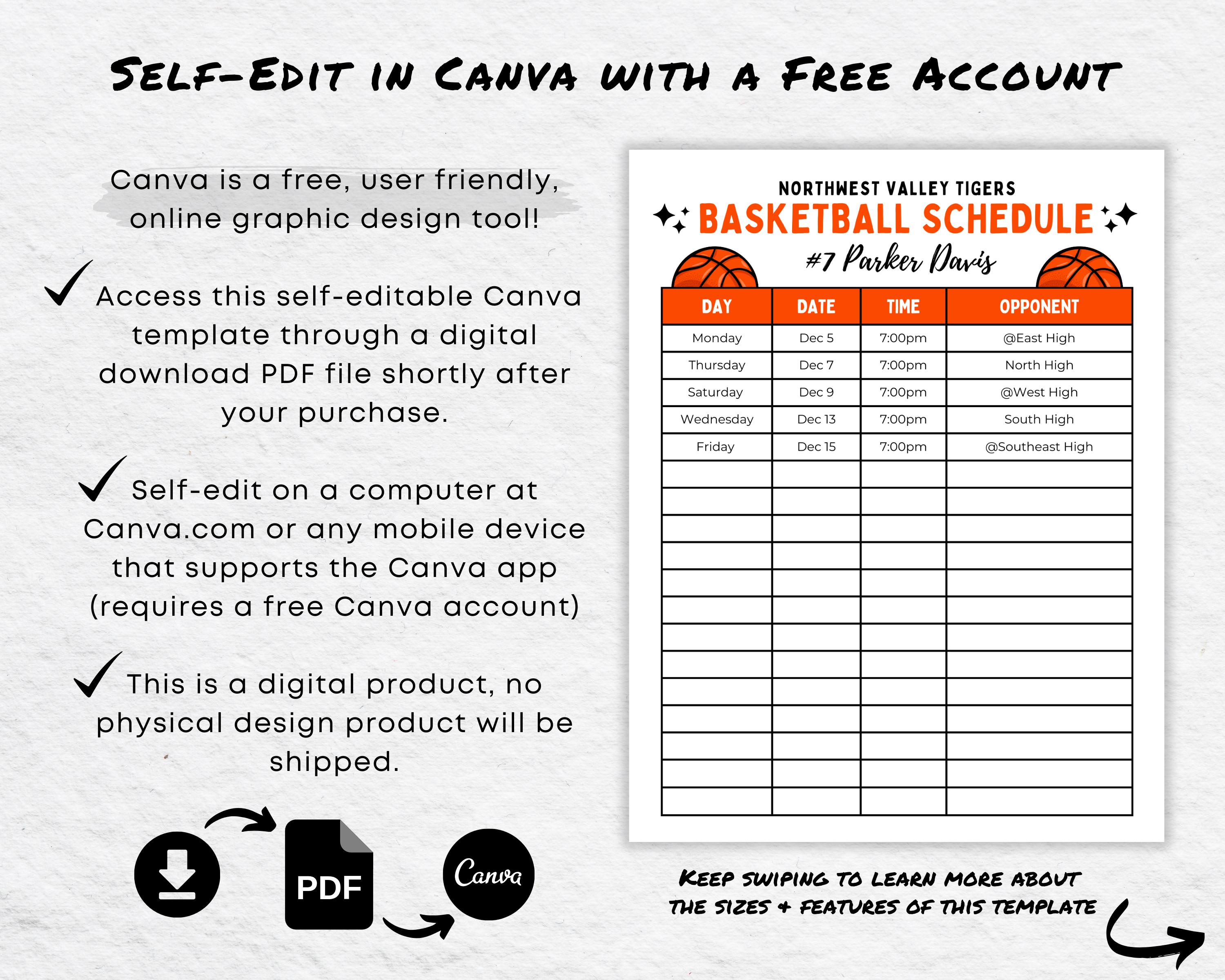 Basketball Schedule Template: Editable Game Calendar (canva, Digital ...