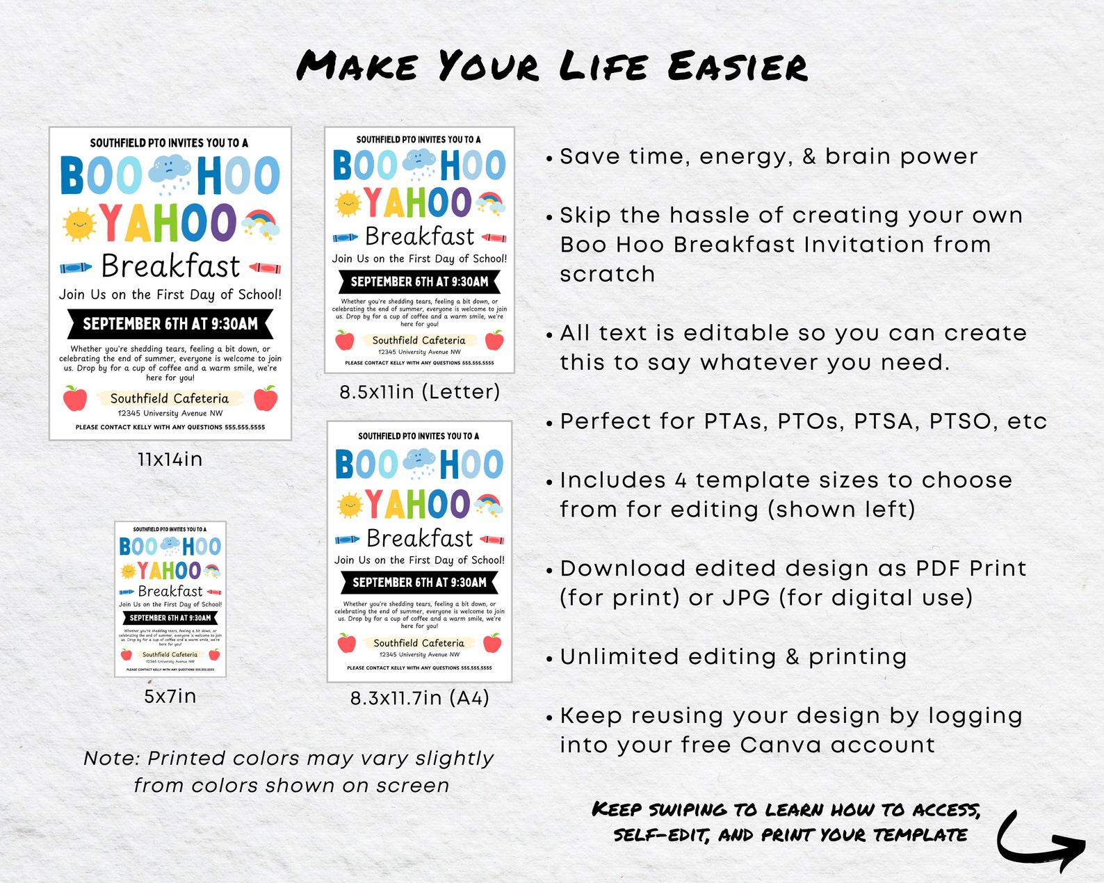 Editable Boo Hoo Yahoo Invitation, School Breakfast Social Flyer ...