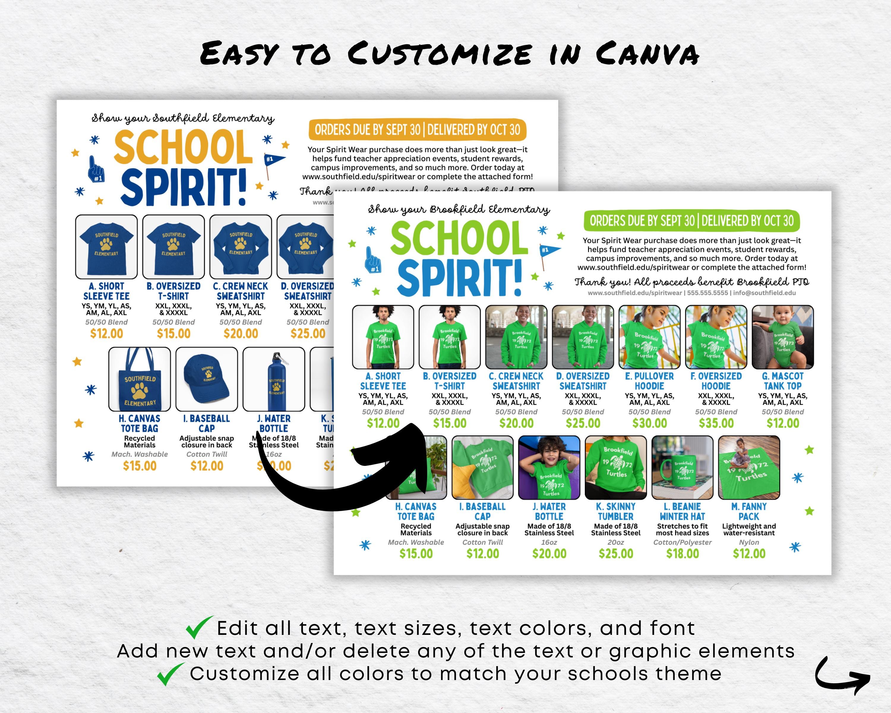 Editable Spirit Wear Order Form Template: PTA PTO Fundraiser Flyer (canva PDF Download) - Etsy