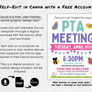 Editable Spring PTA Meeting Flyer Template, PTO PTA April News, Canva ...