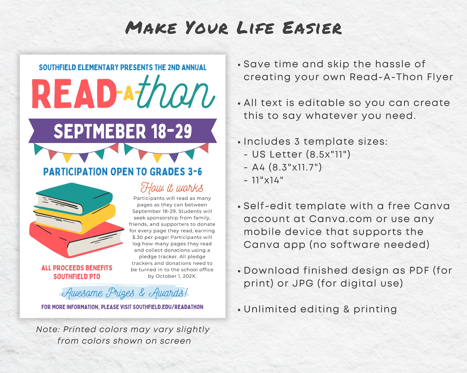 Read-a-thon Flyer Editable Template for School Reading Fundraiser ...
