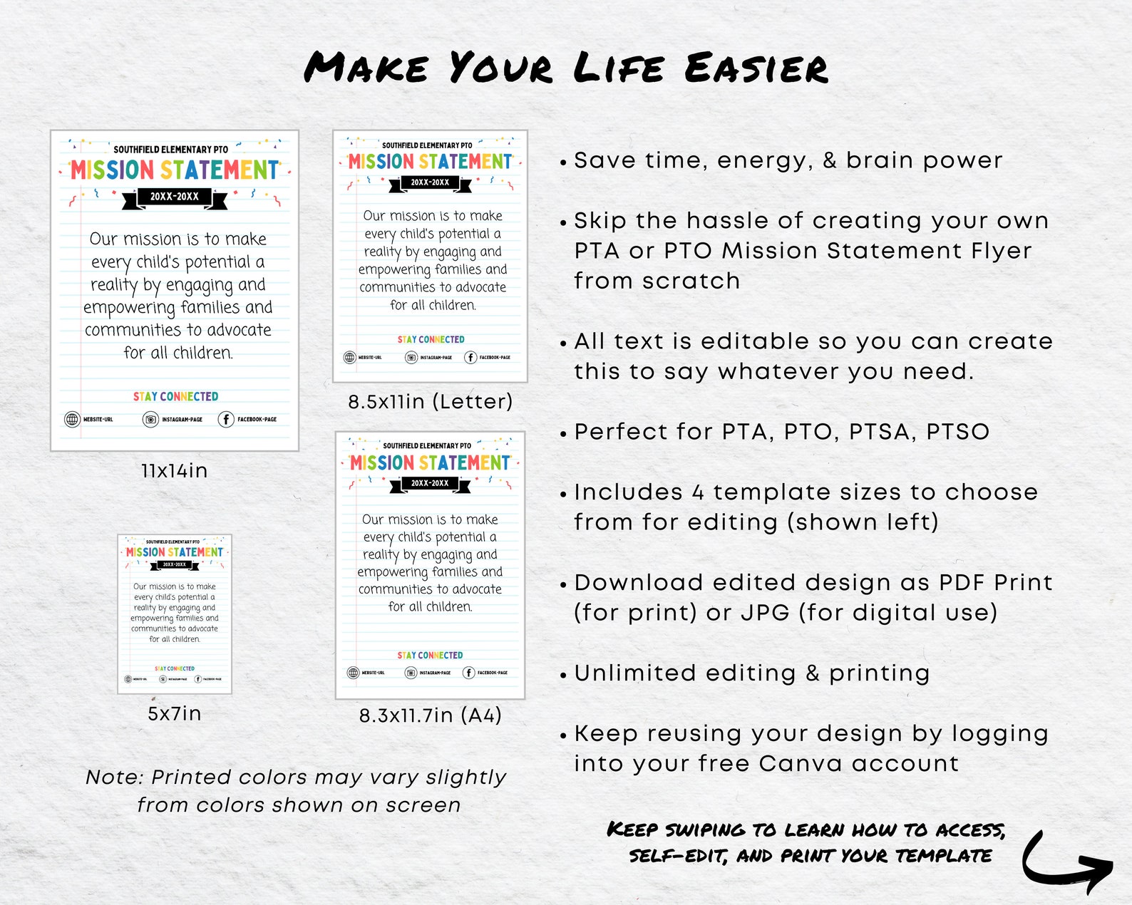 PTA PTO Mission Statement Editable Sign | Canva Template for School ...