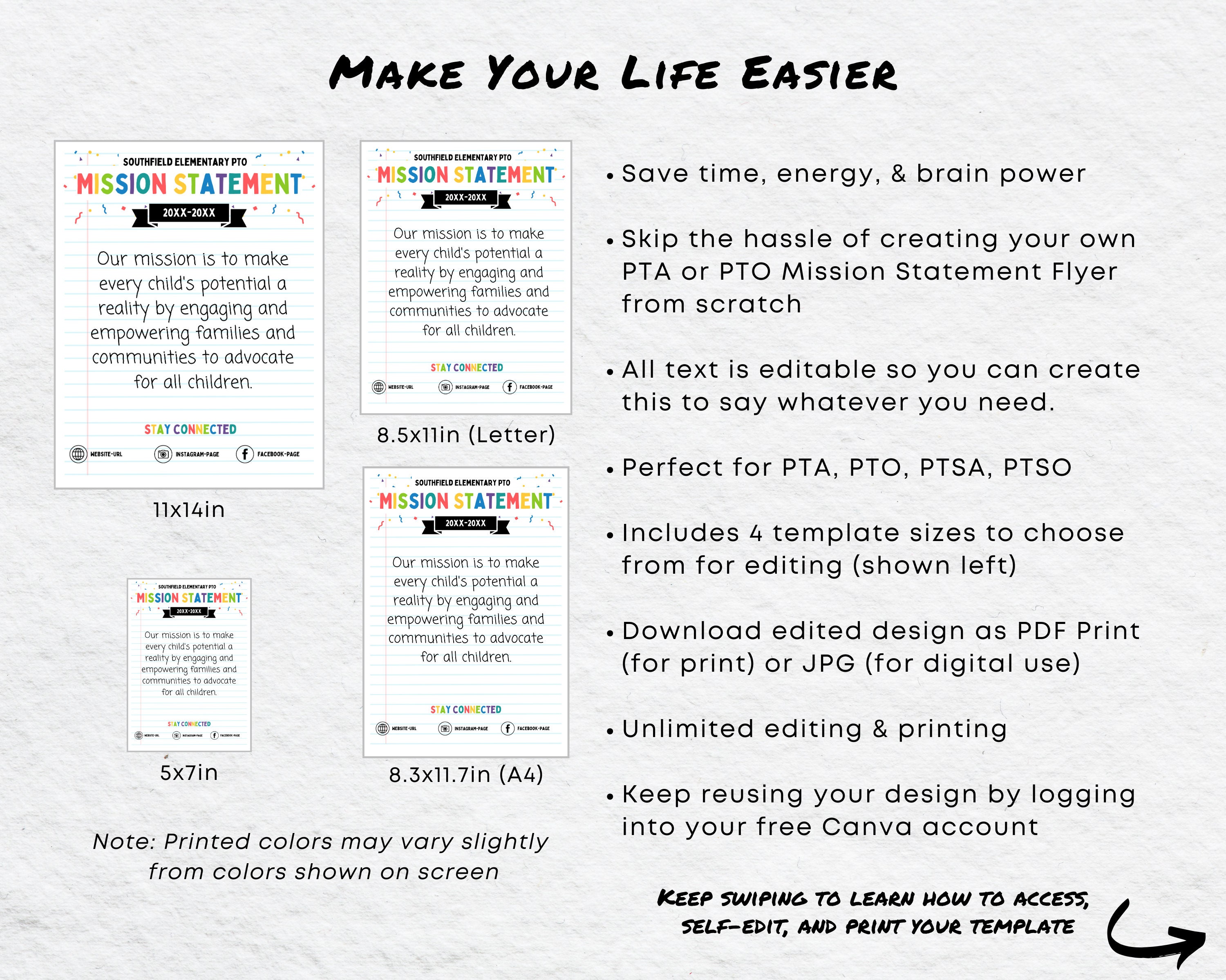 PTA PTO Mission Statement Editable Sign | Canva Template for School ...