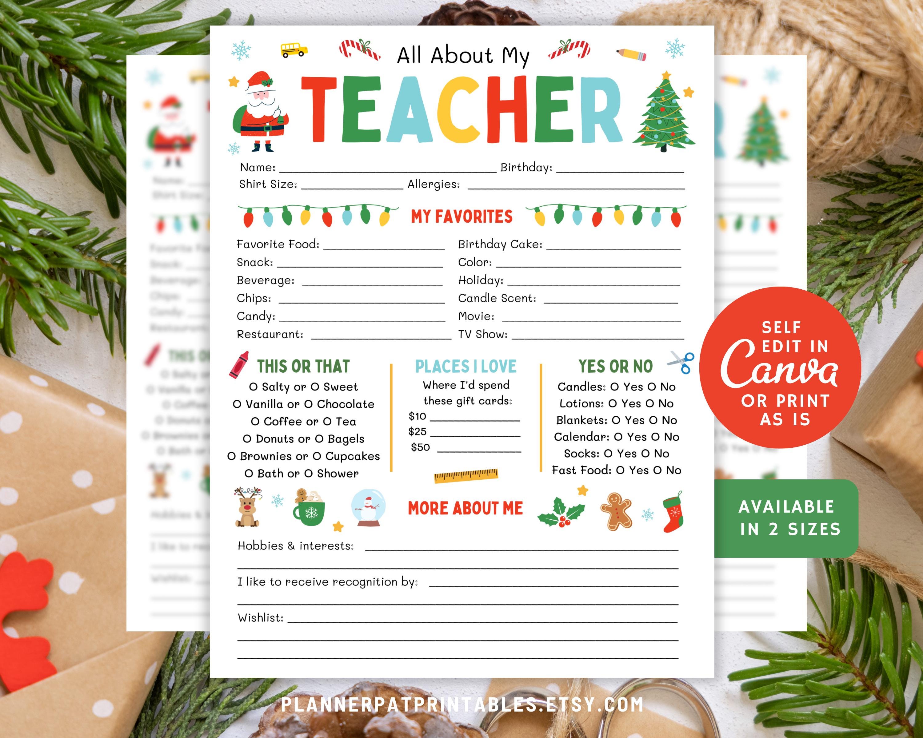 Christmas All About My Teacher Printable, Holiday Favorites Gift ...