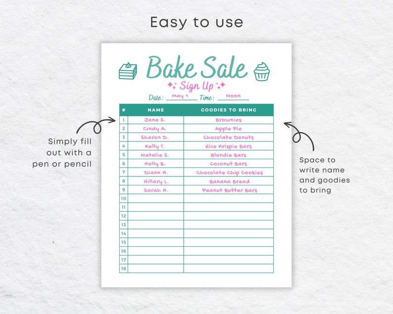 Bake Sale Sign up Sheet Non-editable Printable for School or - Etsy